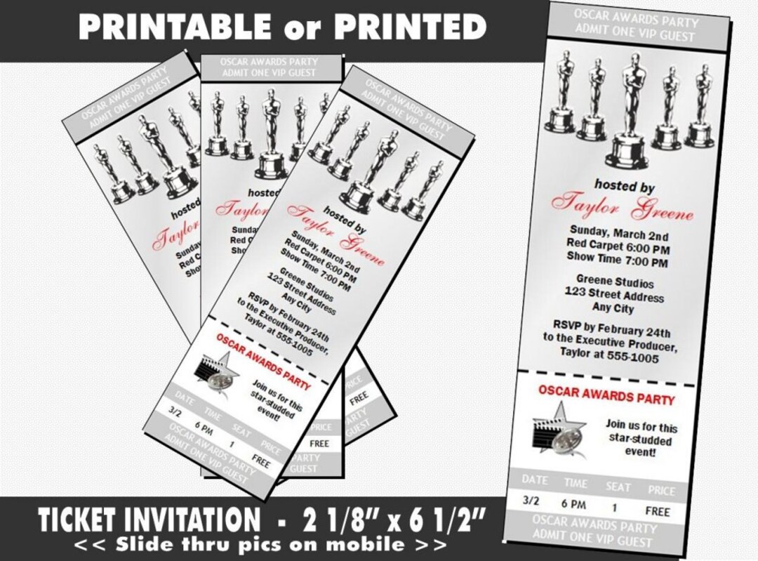 Oscar Awards Party Silver Ticket Invitation, Printable With Printed ...