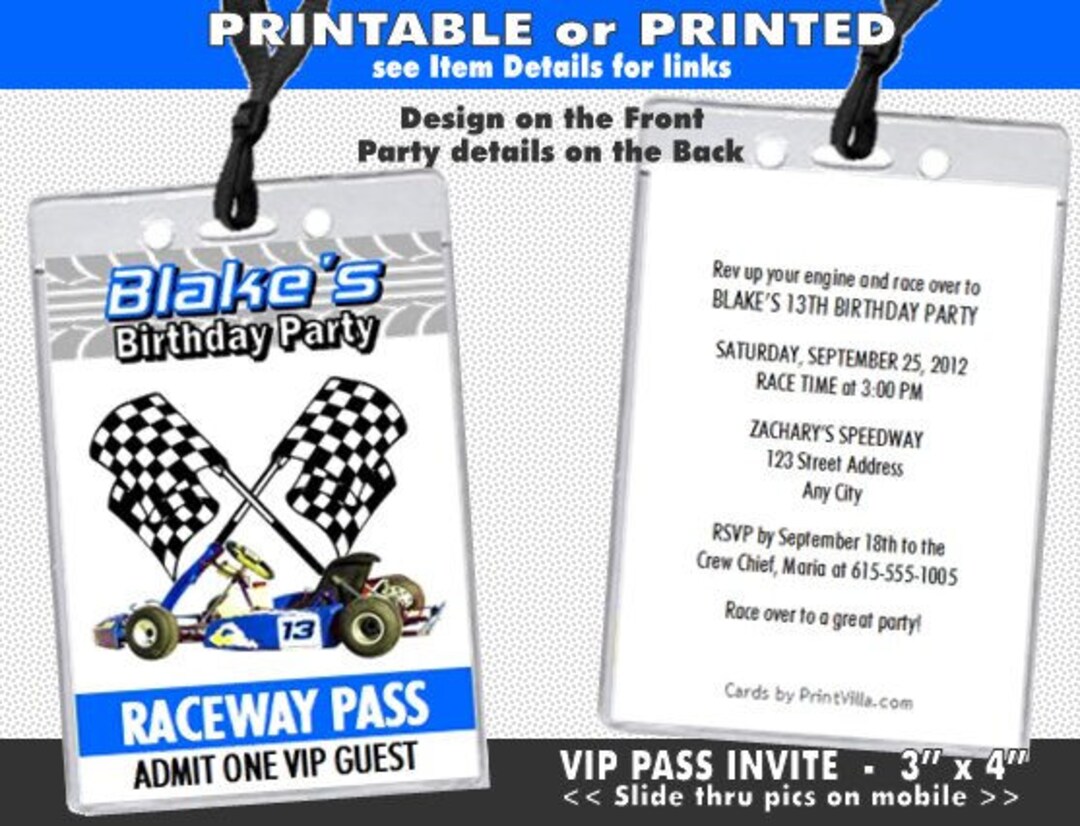 Go Cart VIP Pass Invitation, Printable, Go Kart Theme, Racing Invites ...
