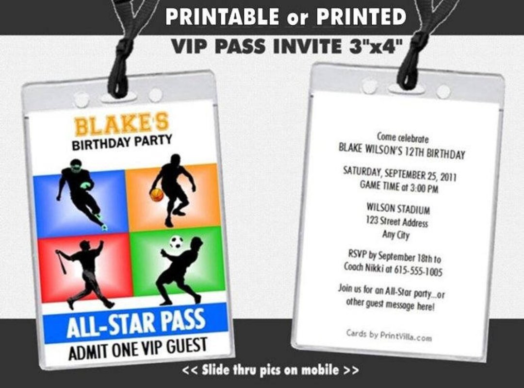All Star Sports VIP Pass Invitation, Printable, Boy Birthday Party ...