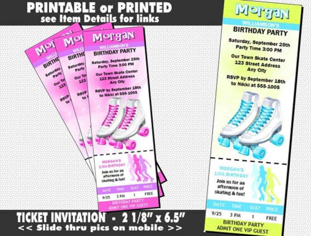 Roller Skates Ticket Invitation, Printable With Printed Option, Roller ...