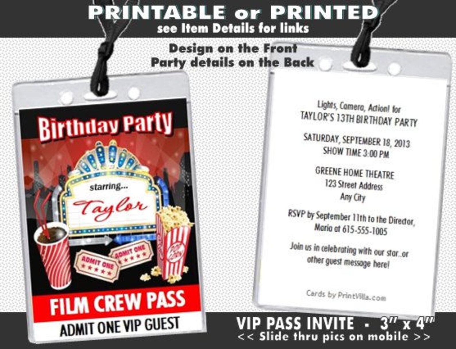 Movie Night VIP Pass Invitation, Printable, Girl or Boy Birthday Party ...