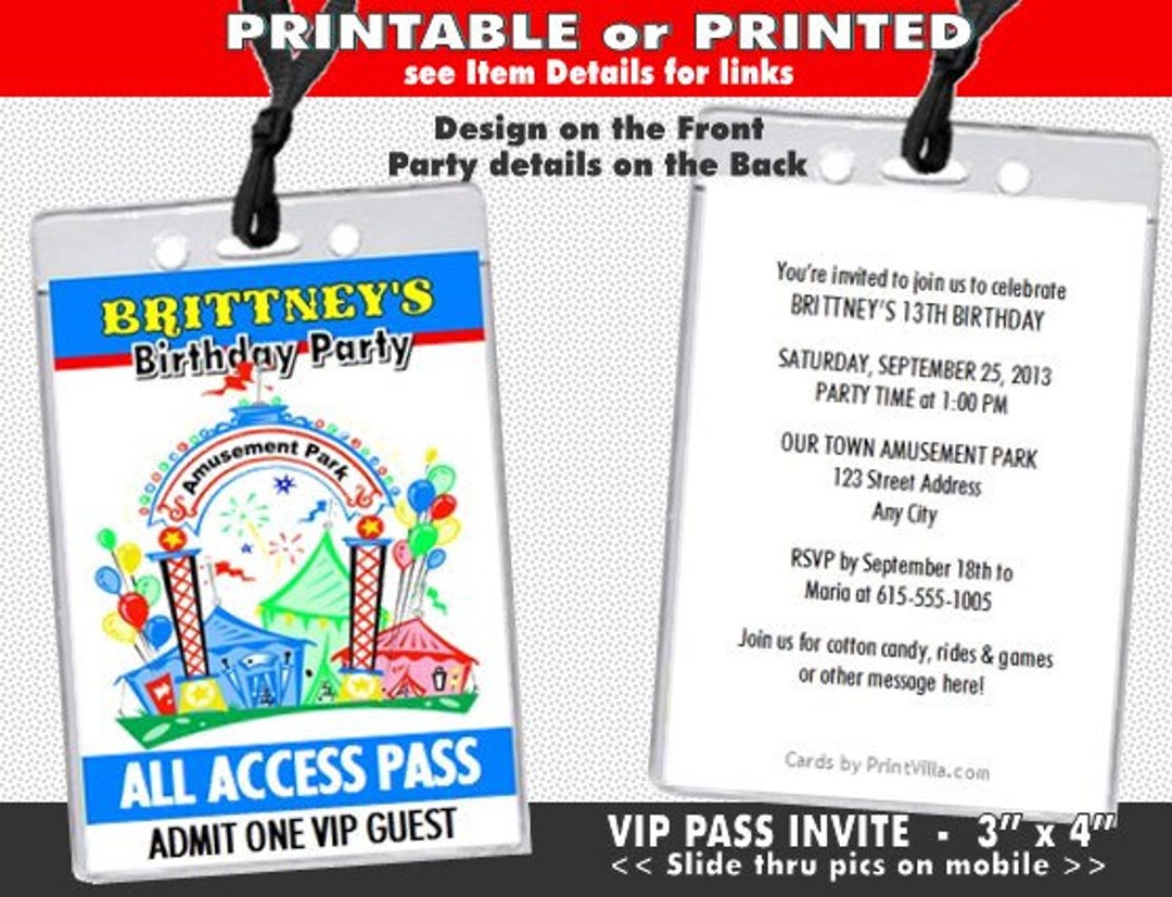 Amusement Park VIP Pass Birthday Party Invitation, Printable, Theme ...