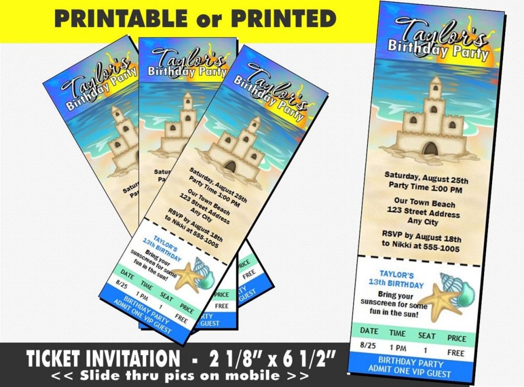 Sandcastle Beach Party Ticket Invitation, Printable With Printed Option ...