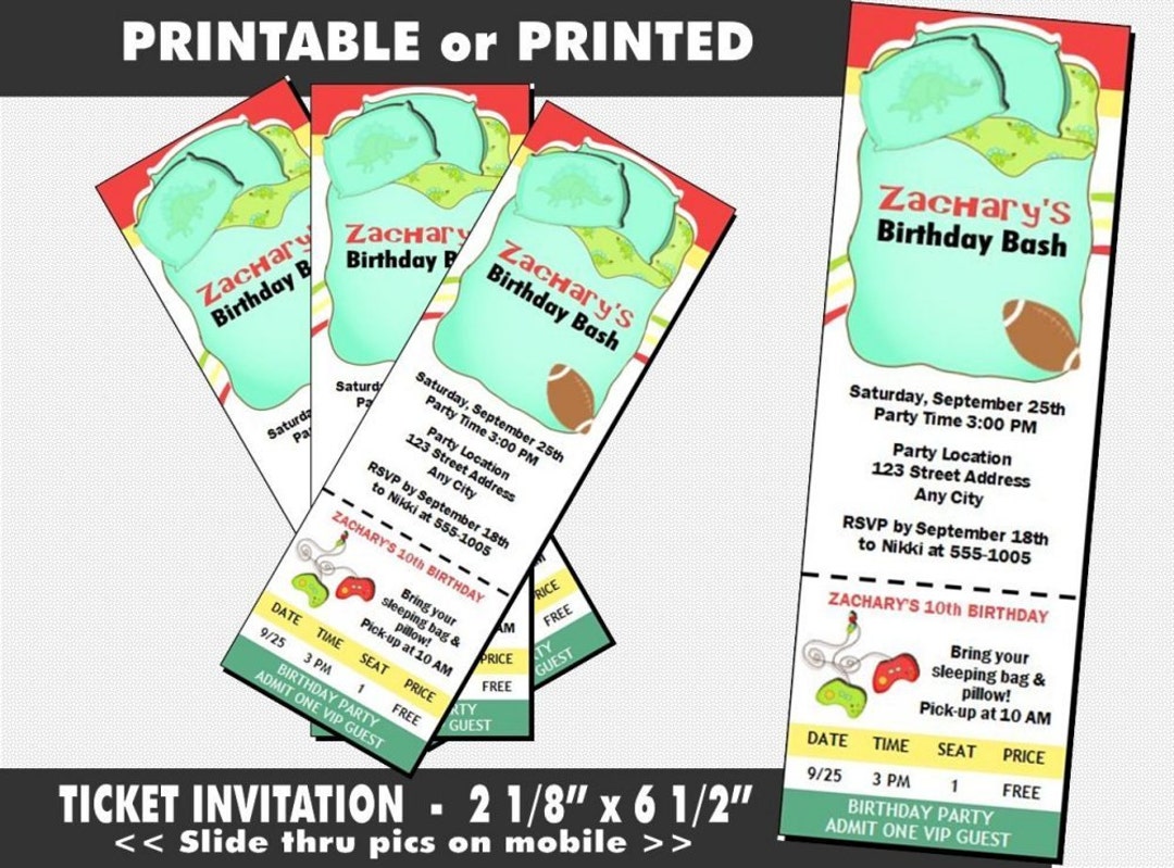 Sleepover Ticket Invitations, Printable With Printed Option, Birthday ...
