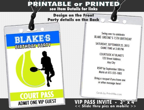 Tennis VIP Pass Party Invitation, Printable, Birthday, Summer Sports ...