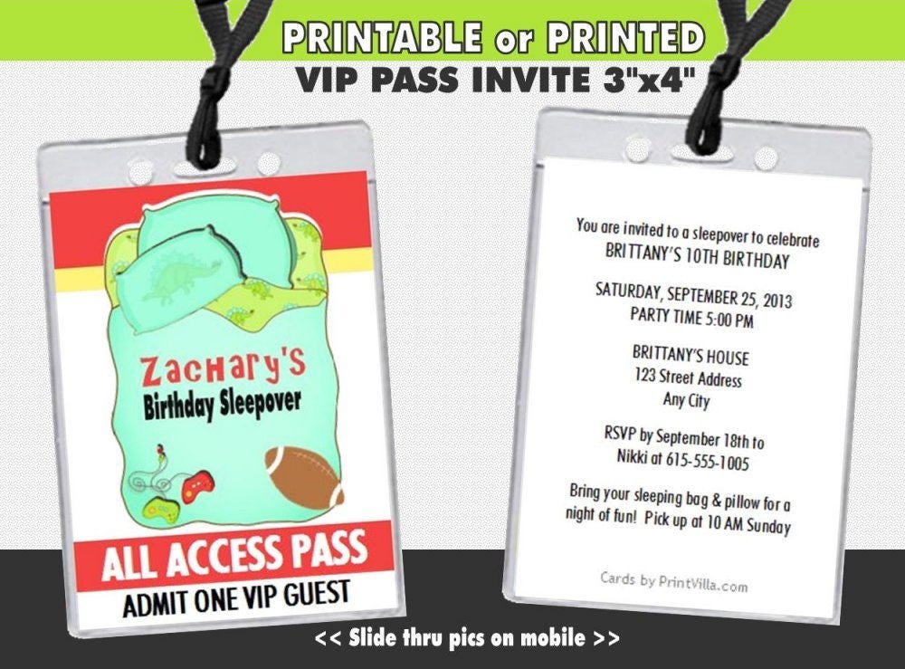 Sleepover VIP Pass Birthday Party Invitations, Printable, Sleep Over ...