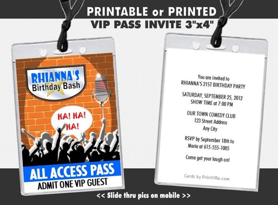 Comedy Club VIP Pass Invitation Printable Birthday Party - Etsy