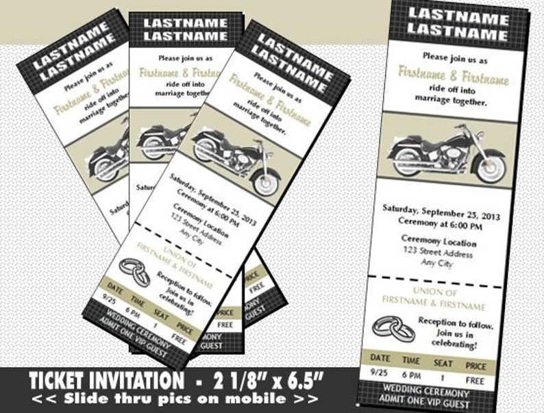 Motorcycle BW Wedding Ticket Invitations, Set of 12, Motorcycle Themed ...