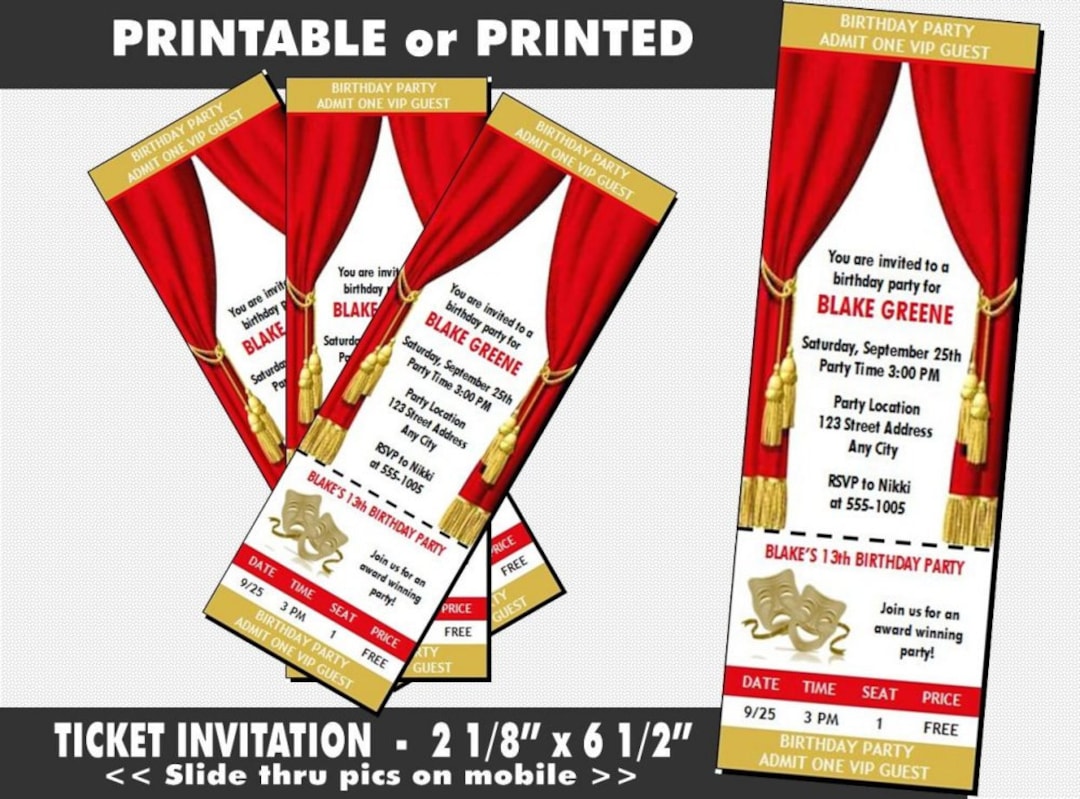 Theatre Acting Ticket Invitation, Printable With Printed Option, Girl ...