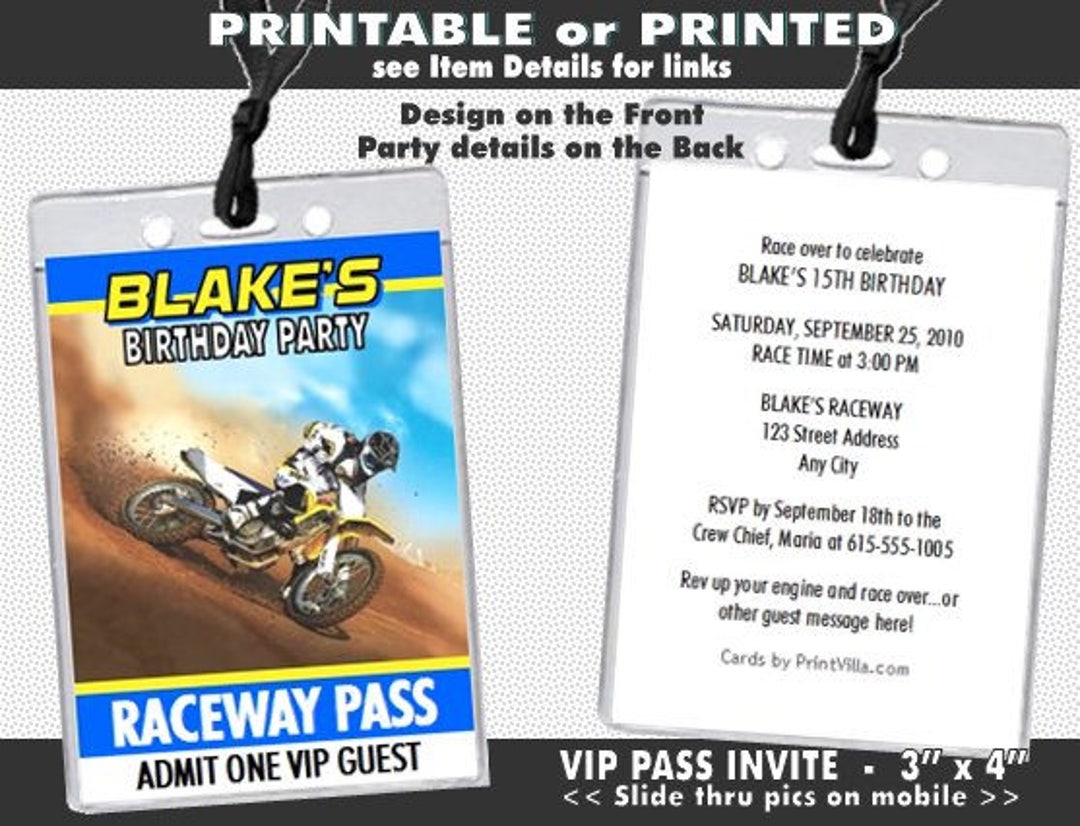 Dirtbike Race Blue VIP Pass Invitation, Printable, Boy Birthday Party ...