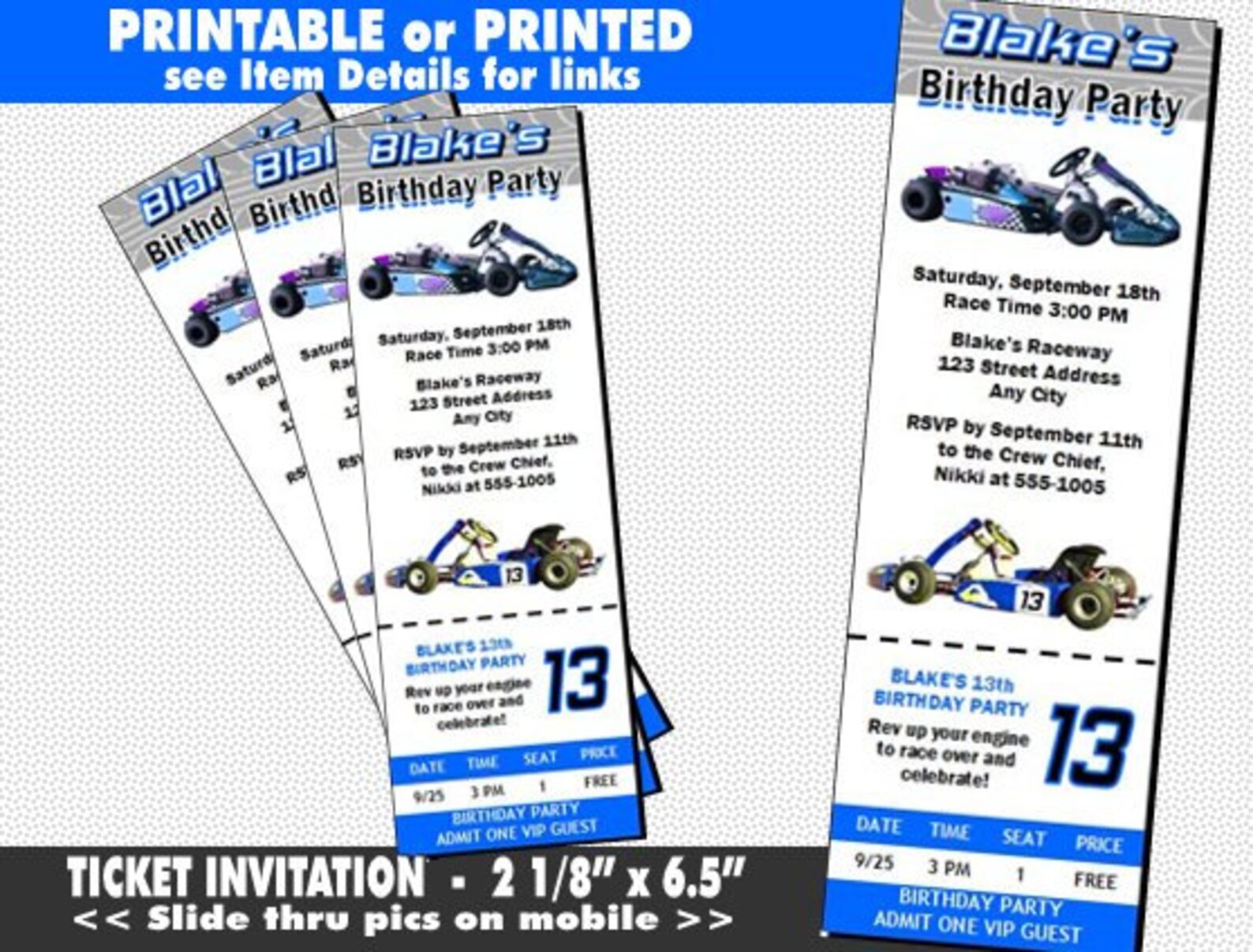 Go Cart Ticket Invitation, Printable With Printed Option, Go Kart Theme ...