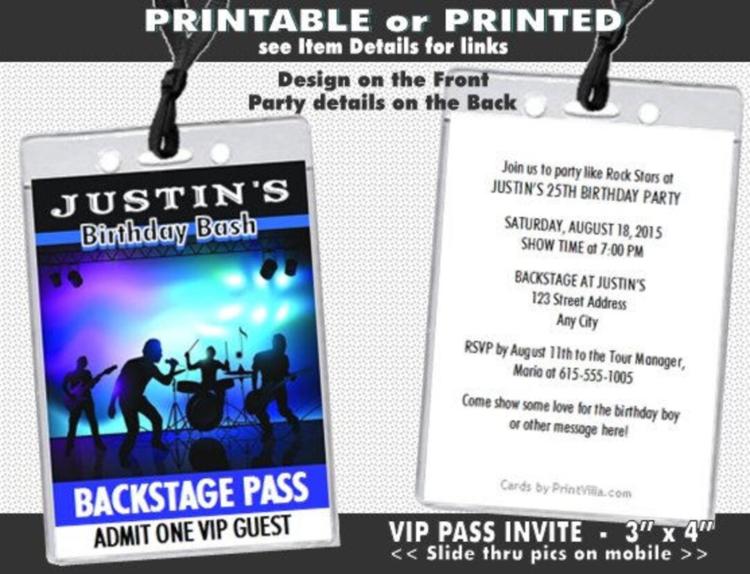 Rock Band Backstage VIP Pass Invitation, Printable, Musician Birthday ...