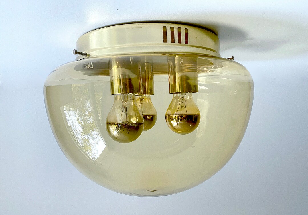 Mid Century Limburg Glass Pendant Light, Amber Bubble Brass Ceiling ...