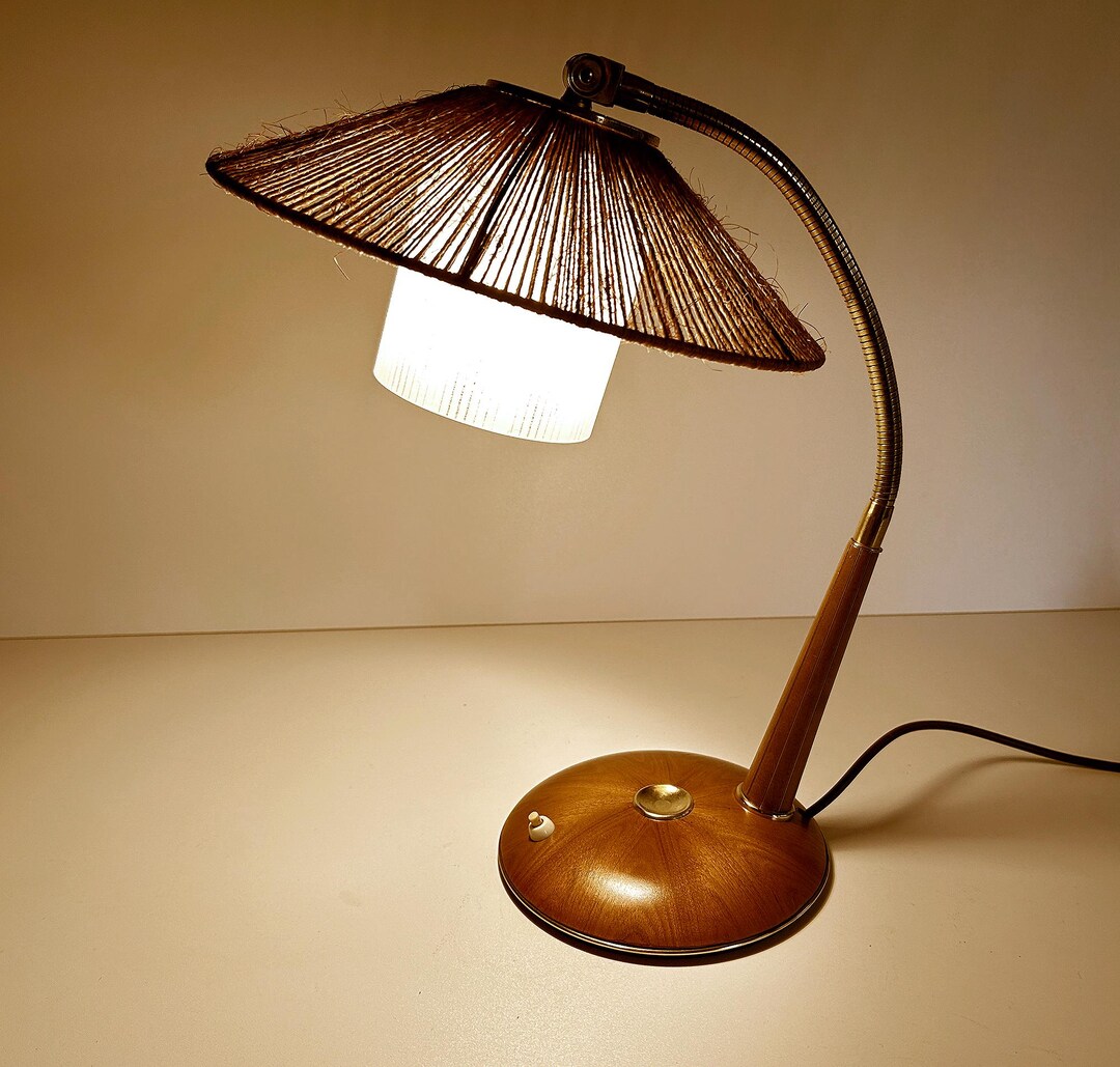 Vintage Danish Moden Desk Lamp, Teak, Sisal, Mid Century Retro Table ...