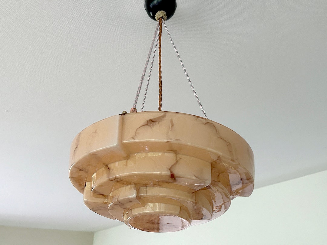 Stunning Art Deco Pendant Light, Vintage Retro Chandelier , Pink Peach ...