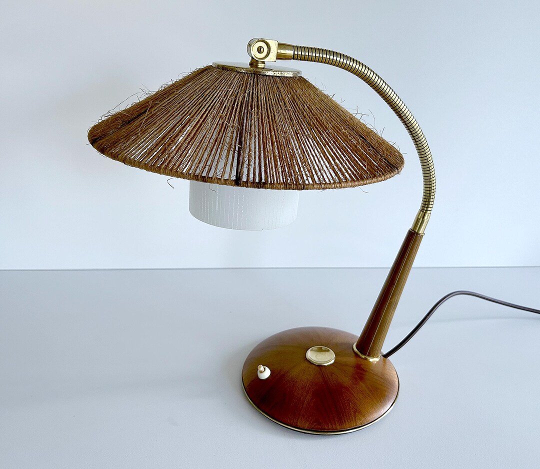 Vintage Danish Moden Desk Lamp, Teak, Sisal, Mid Century Retro Table ...