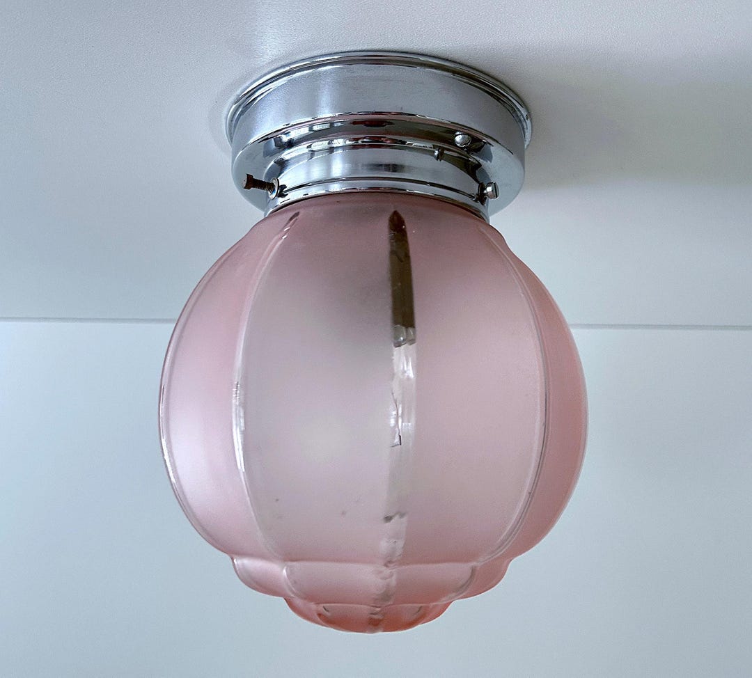 French Art Deco Flush Light , Vintage Retro Chandelier, Pink Glass ...