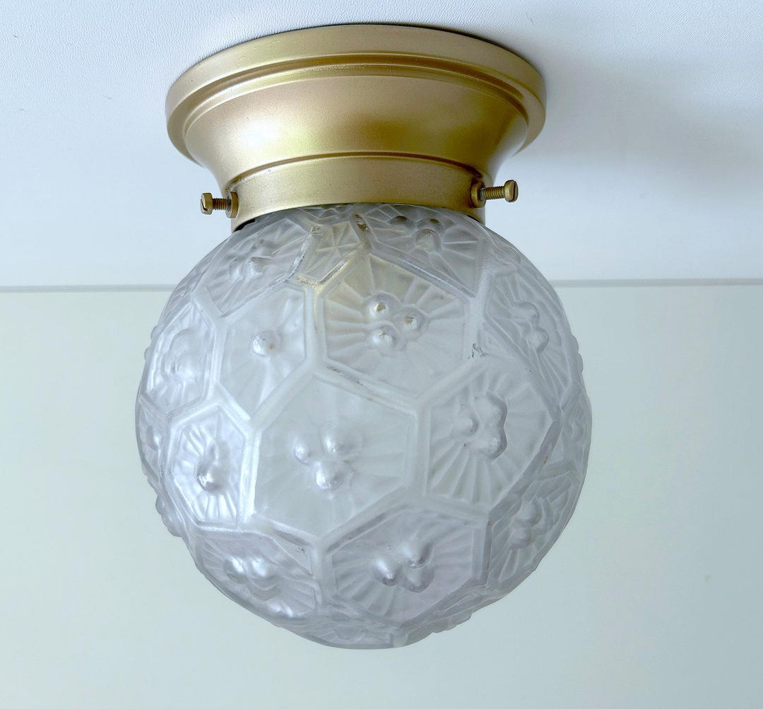 French Art Deco Flush Light , Vintage Retro Chandelier, Glass Shade ...