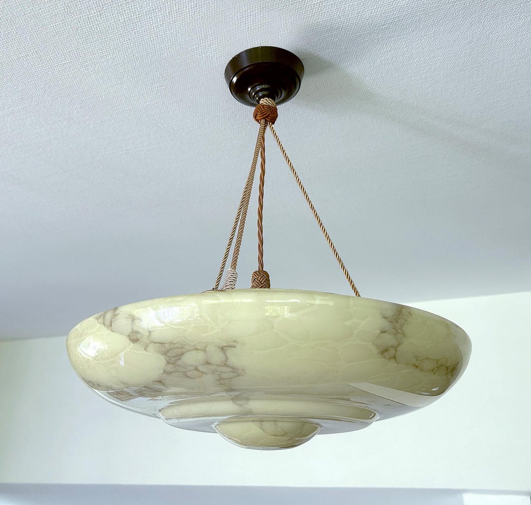 Stunning Art Deco Pendant Light, Ivory Marble Glass, Alabaster Style ...