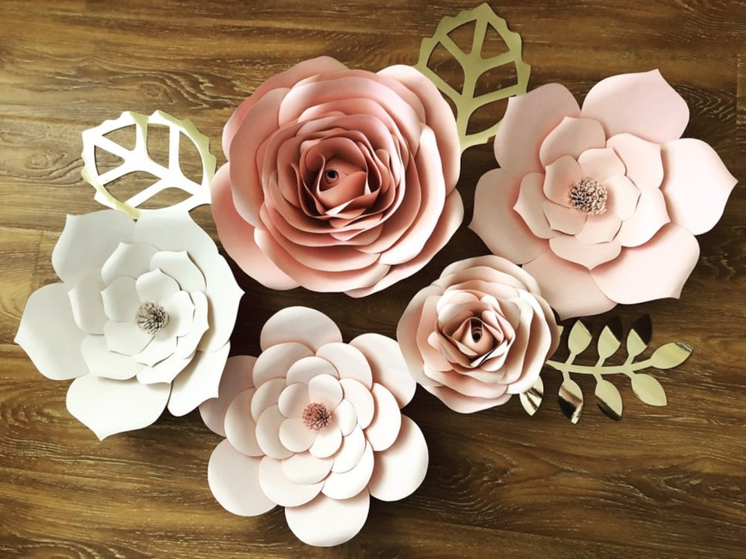 Pink Paper Flower Set: Large Cardstock Flowers, Gold Leaves, Nursery ...