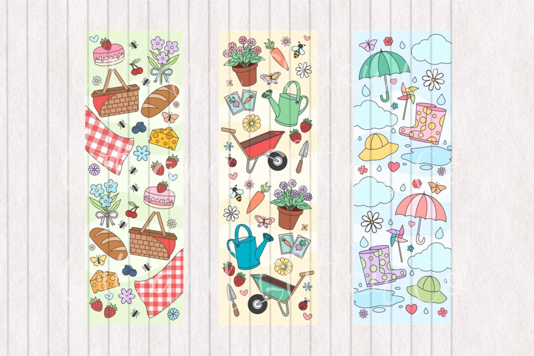 Spring Bookmarks: Picnic, Gardening, Rainy Day Collage (digital ...