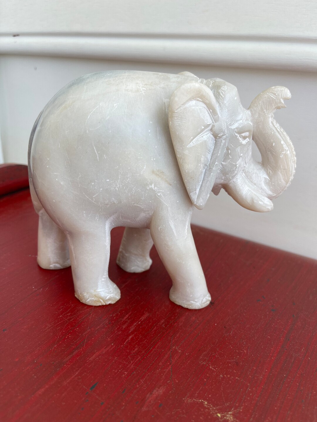 Vintage Hand Carved Alabaster Stone Elephant-trunks Up-good Luck ...