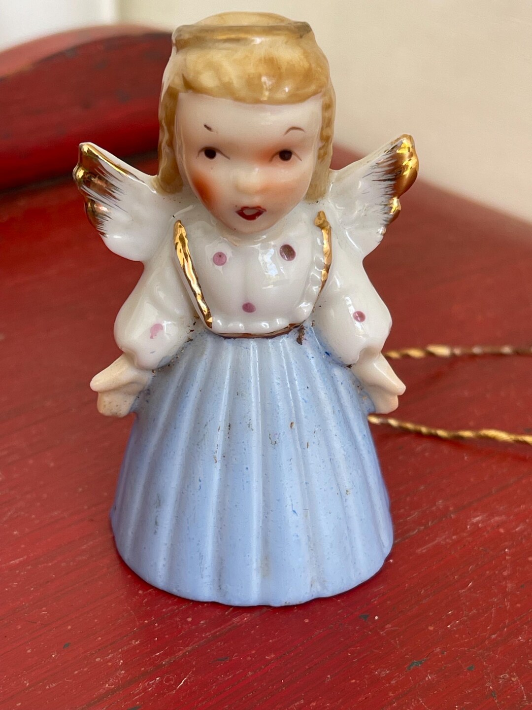 Vintage All Ceramic Christmas Angel Bell-blue Dress-gold Accents-mid ...
