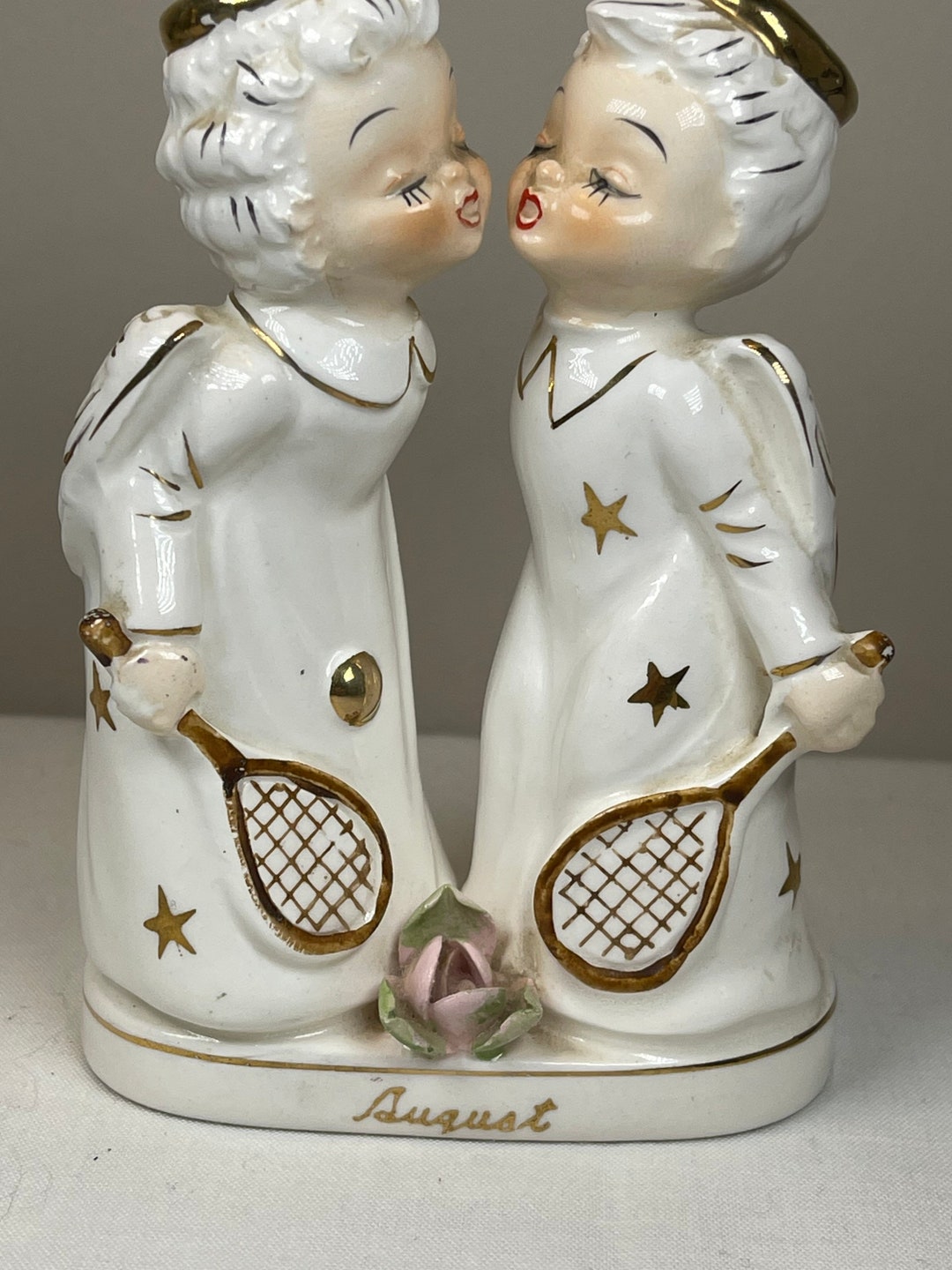 Vintage August Kissing Angel Tennis Players-twins-mid Century-birthday ...