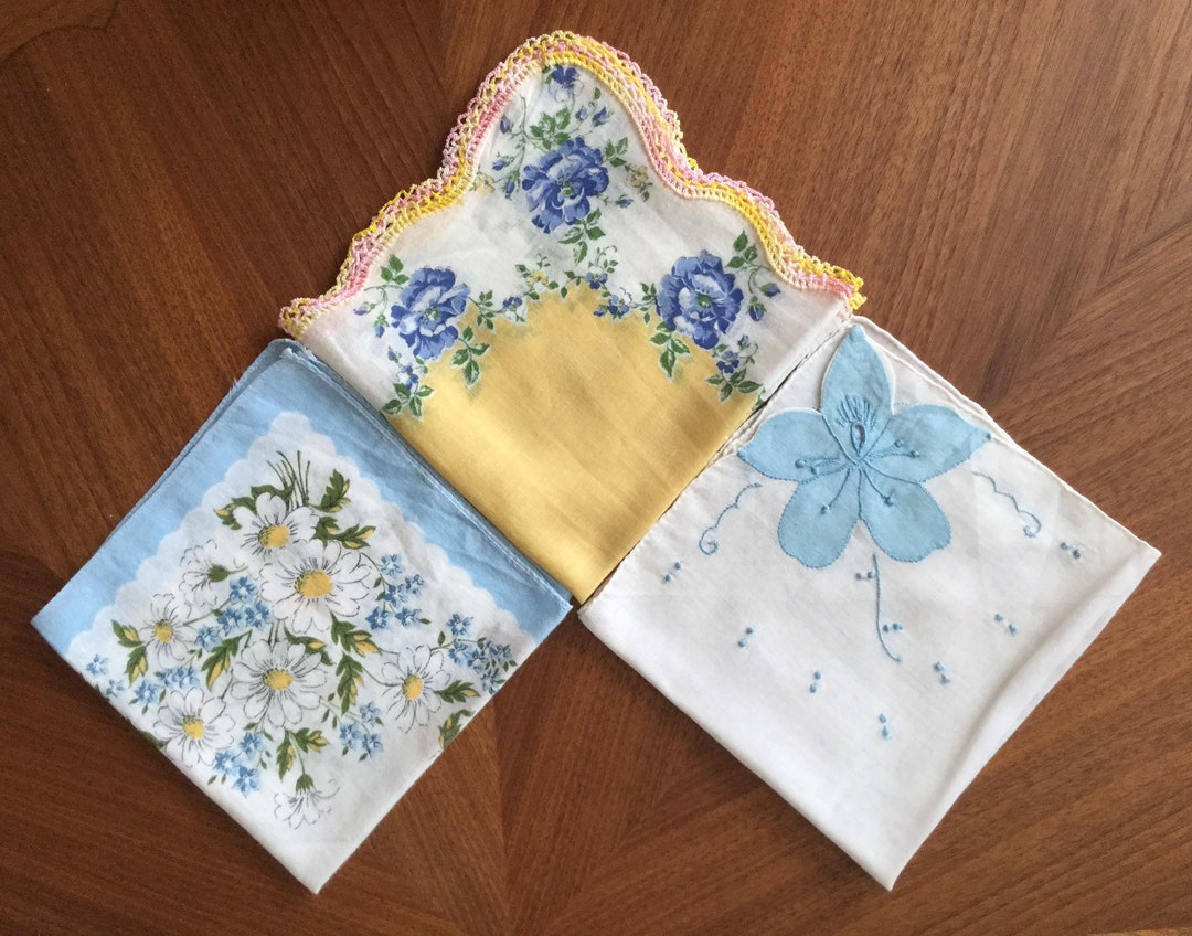 Vintage 1960s 3 Cotton Floral Handkerchiefs-blue Yellow Green Pink ...
