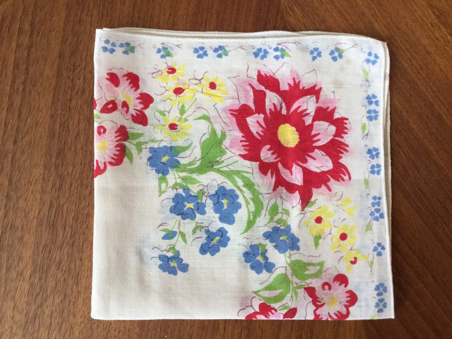 Vintage 1960s 3 Cotton Floral Handkerchiefs Blue Pink Red | Etsy