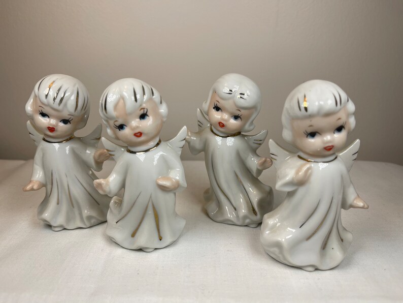 Vintage Adorable Angel Set-set of 4 Angels-white Gowns-gold Trim-mid ...