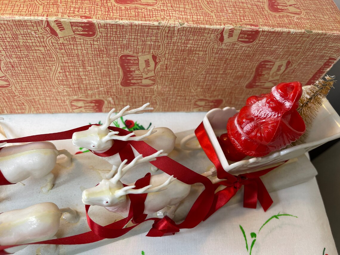 Vintage Hard Plastic Rosbro Rosen All Plastic Santa Sled With Reindeer ...