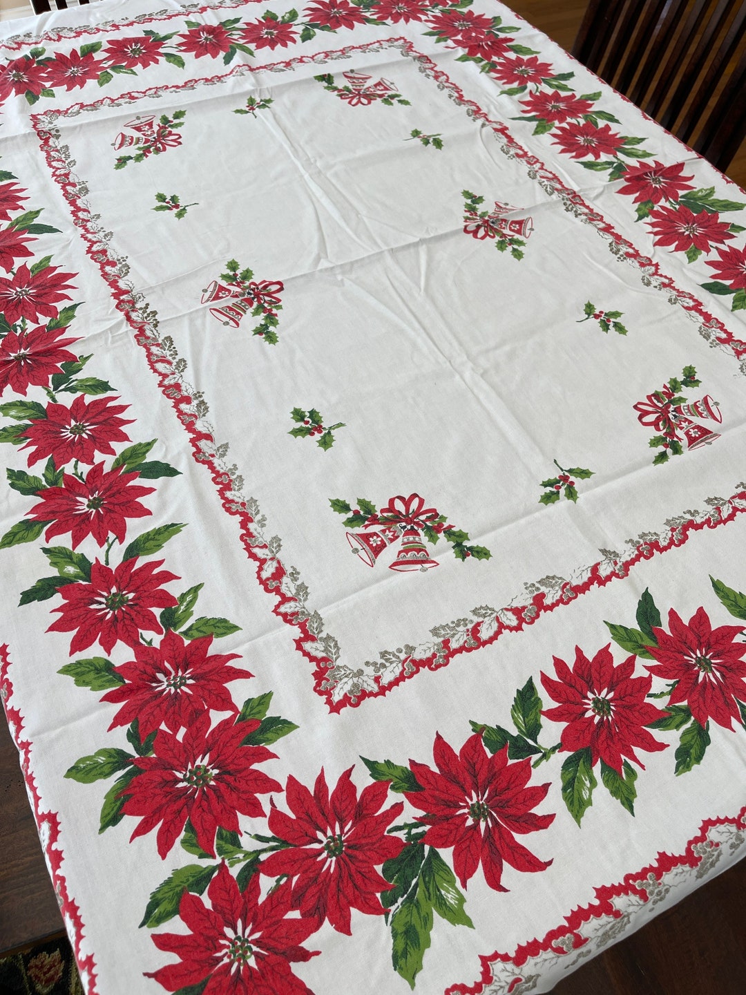 Vintage Mid Century White Cotton Rectangular Christmas Tablecloth-xmas ...
