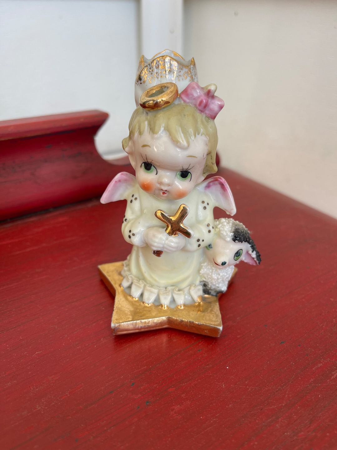 Vintage Ardalt Japan Angel With Sugared Lamb Bud Vase-gold Cross-gold ...