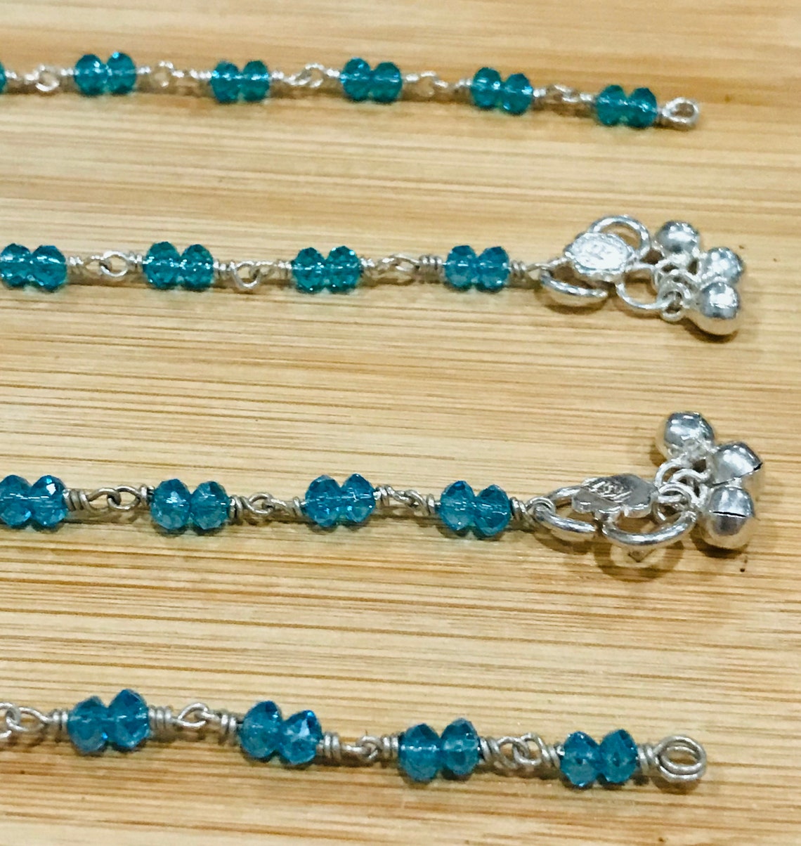 11.6" Solid Silver Anklets Crystal Anklets Light Blue Color Crystals ...