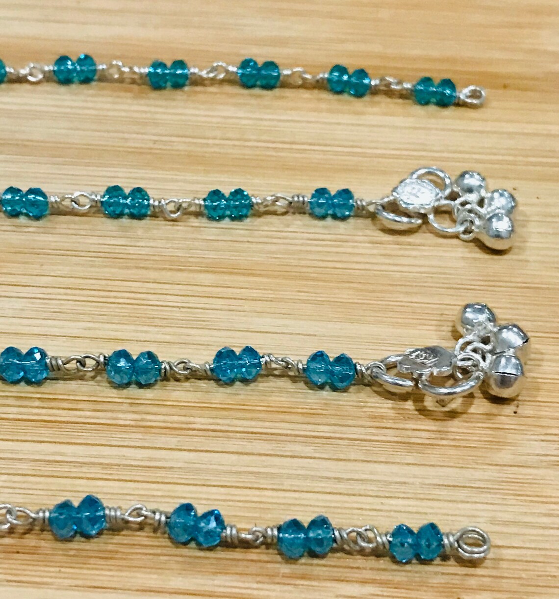 11.6" Solid Silver Anklets Crystal Anklets Light Blue Color Crystals ...