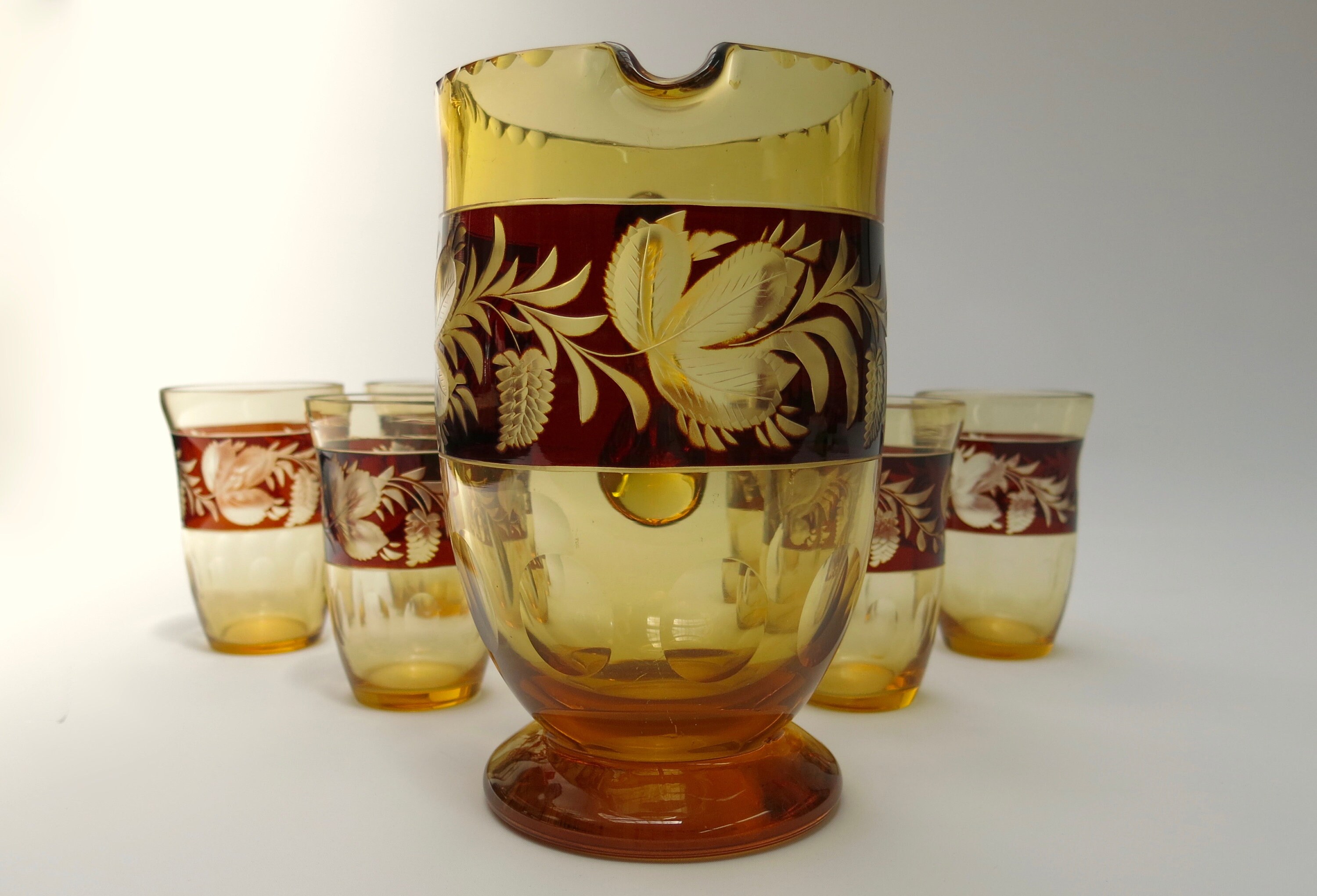 CRYSTAL LEMONADE SET Mid-century Amber and Red Bohemian - Etsy