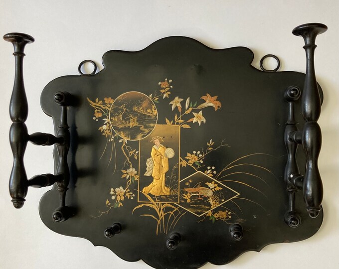 ANTIQUE HAT RACK - 19th Century Black Lacquer Paper Mâché Wall Hat Rack ...