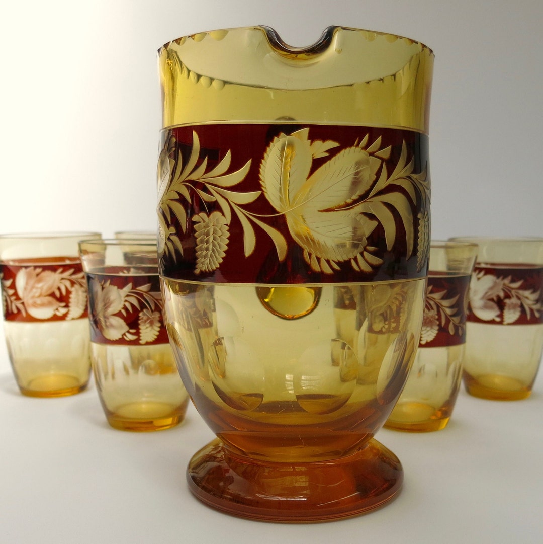 CRYSTAL LEMONADE SET - Mid-century Amber and Red Bohemian Crystal Set ...