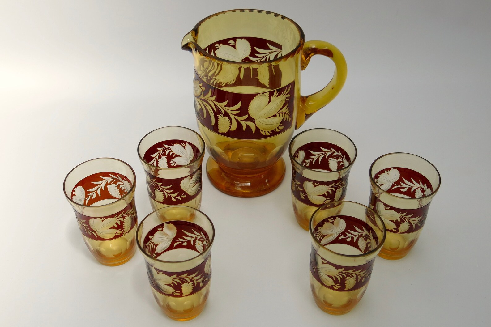 CRYSTAL LEMONADE SET Mid-century Amber and Red Bohemian - Etsy