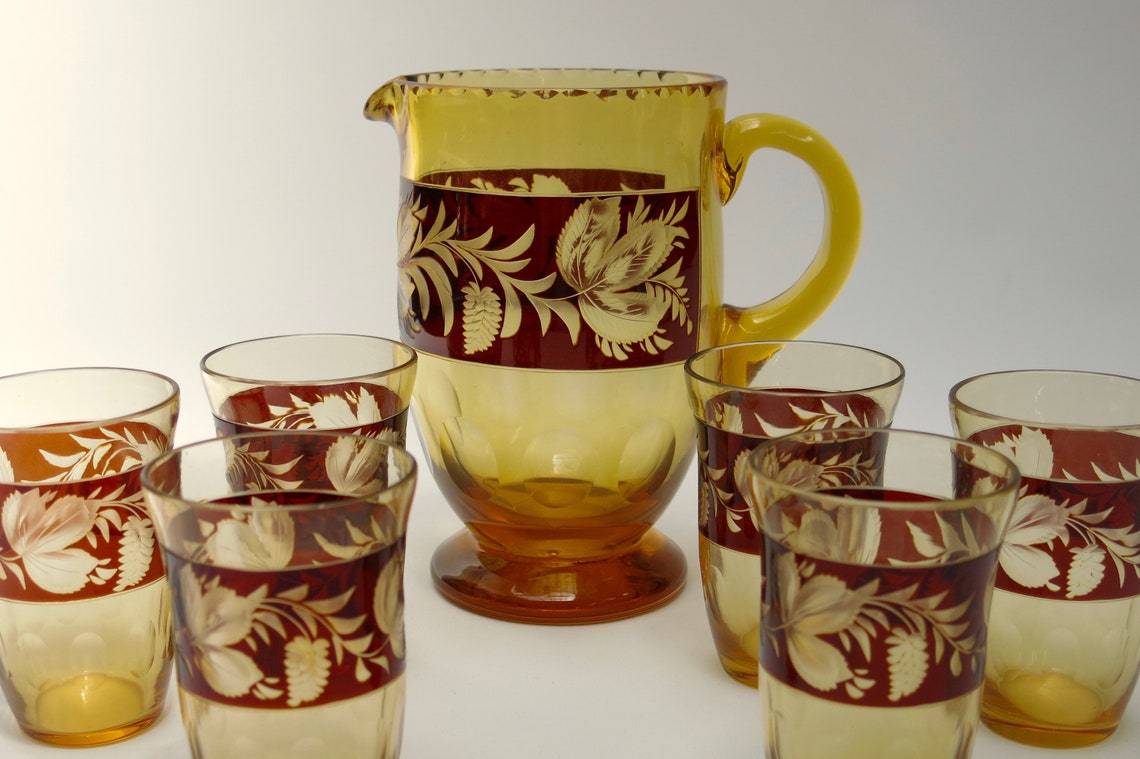 CRYSTAL LEMONADE SET Mid-century Amber and Red Bohemian - Etsy