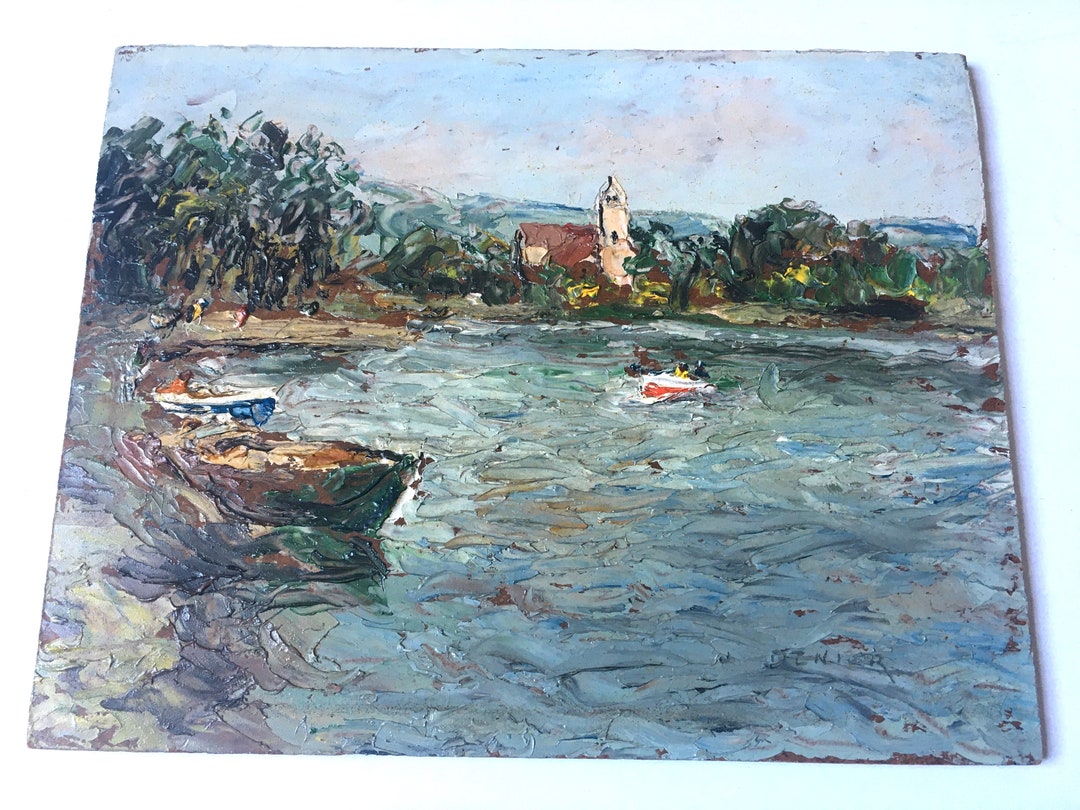 JACQUES DENIER PAINTING - 20th Century River Scene With Anchored Boats ...