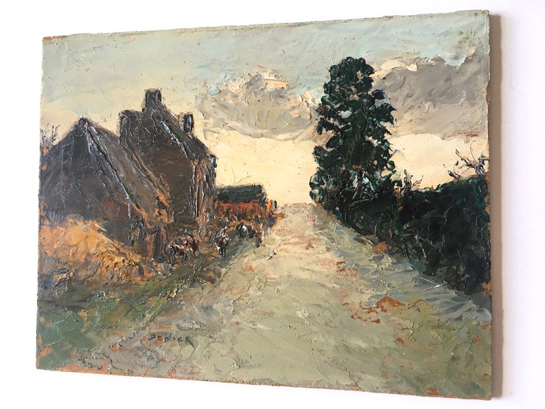 JACQUES DENIER PAINTING - 20th Century Oil Painting of Village Road by ...
