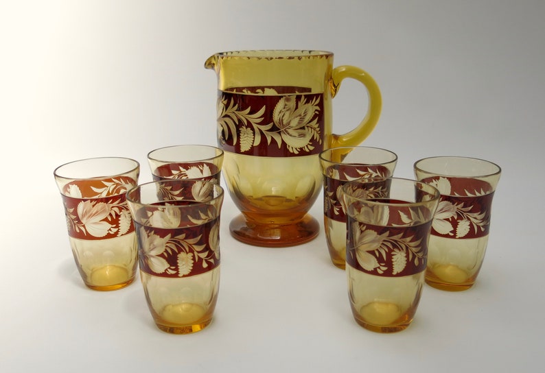 CRYSTAL LEMONADE SET Mid-century Amber and Red Bohemian - Etsy
