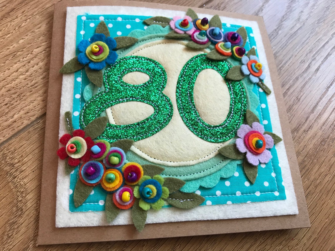 Handmade 80th Birthday Card With Felt Flowers and Glitter Number - Etsy UK