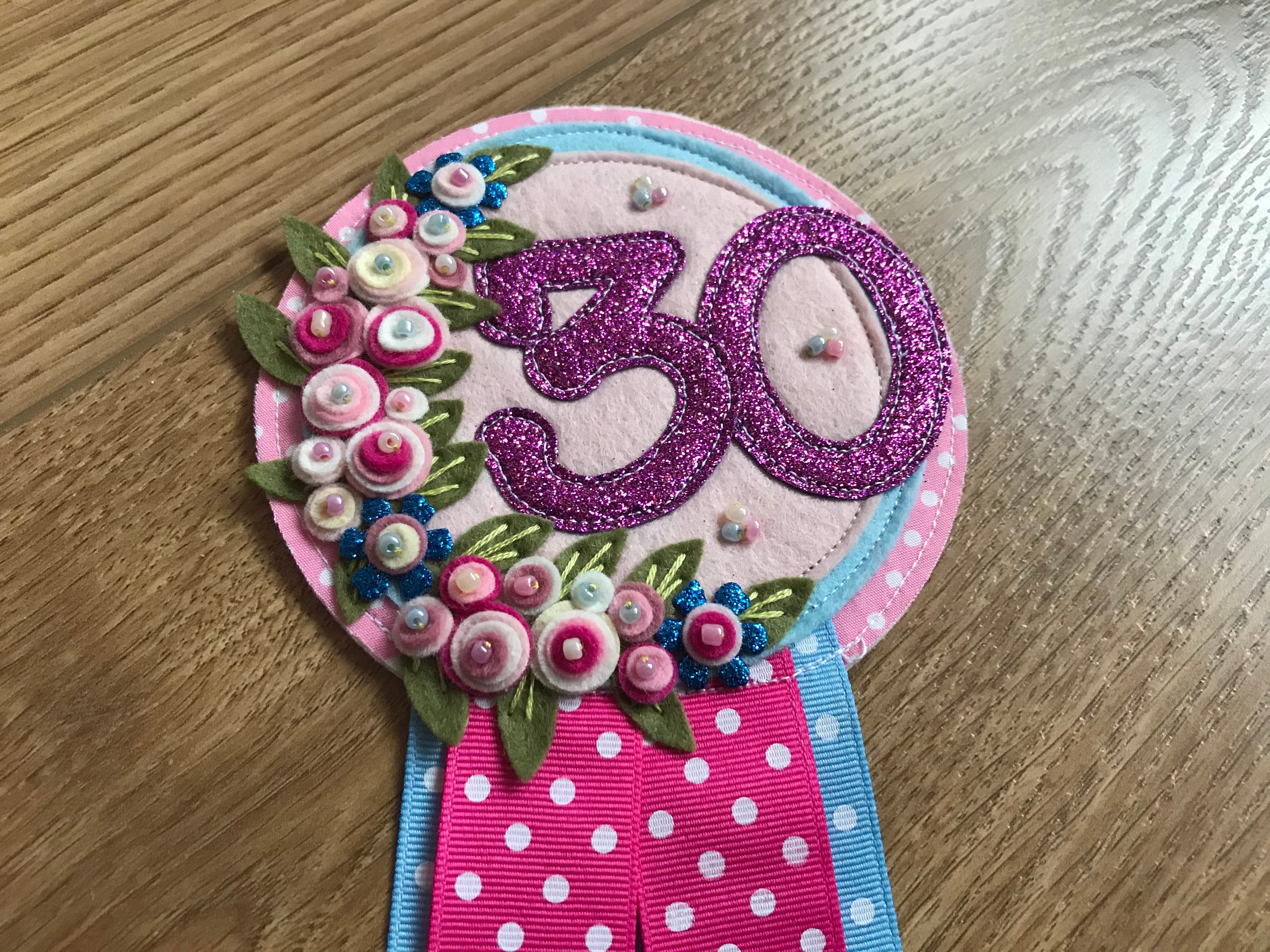 Handmade 30th Birthday Rosette Badge, Glitter Number, Floral Felt - Etsy UK