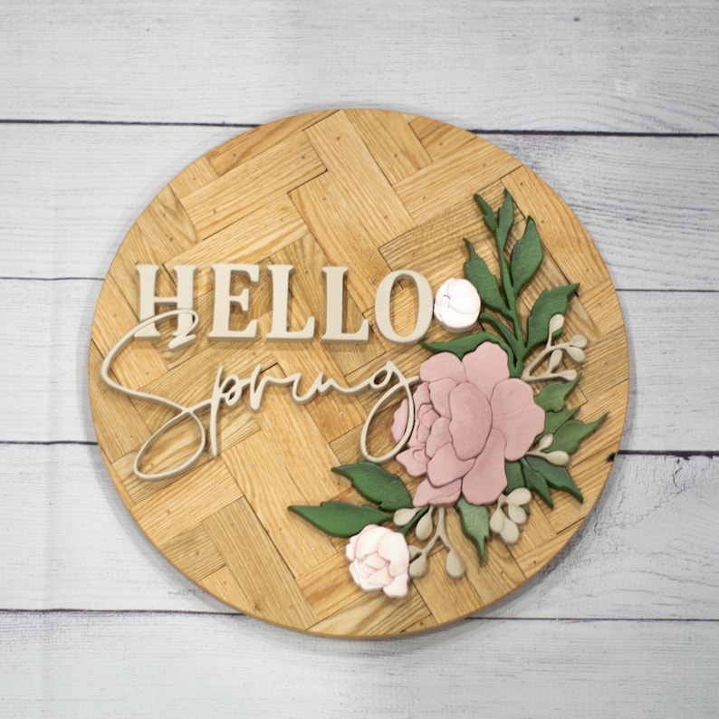Hello Spring Round Floral Wooden Sign Scroll Saw 3D Flower | Etsy