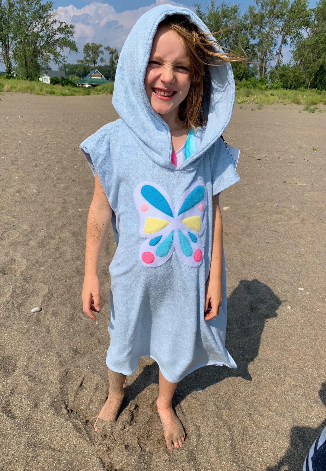 PRE-ORDER - Light Blue Colourful Butterfly - Hooded Towel Poncho - Baby ...
