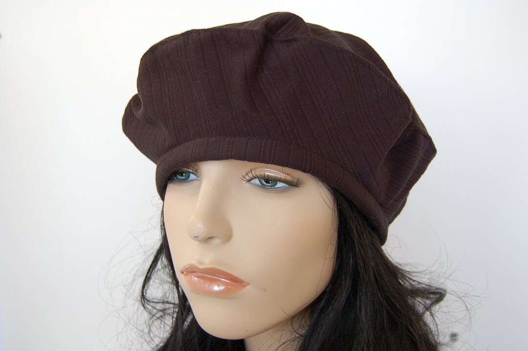 Black Cotton Beret French Tam Upcycled T Shirt Hat Plaid Stripe Lining ...