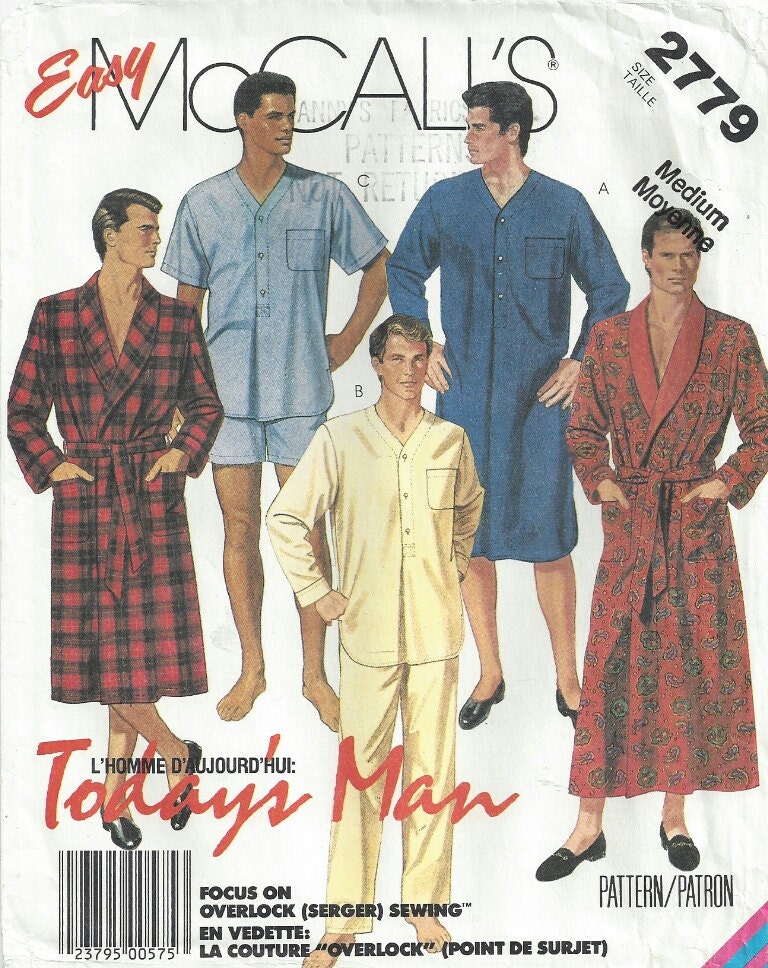 80s Mens Classic Nightshirt Pajamas Wrap Robe Collarless, Front Button ...